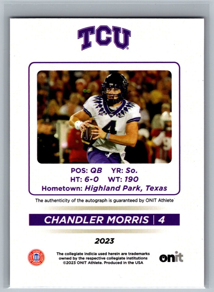 Chandler Morris 2023 ONIT Texas Christian University AUTO #97 Football ...