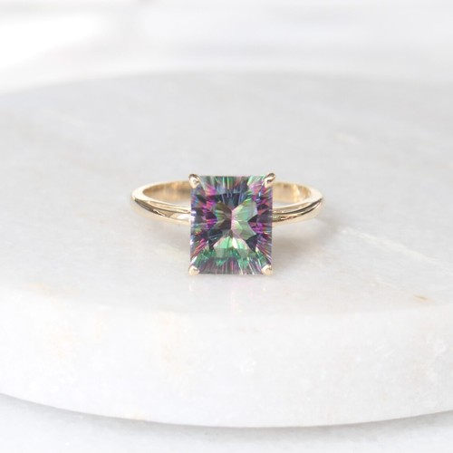 3.50 Cts Emerald Cut Rainbow Mystic Topaz Engagement Ring 14k Yellow ...