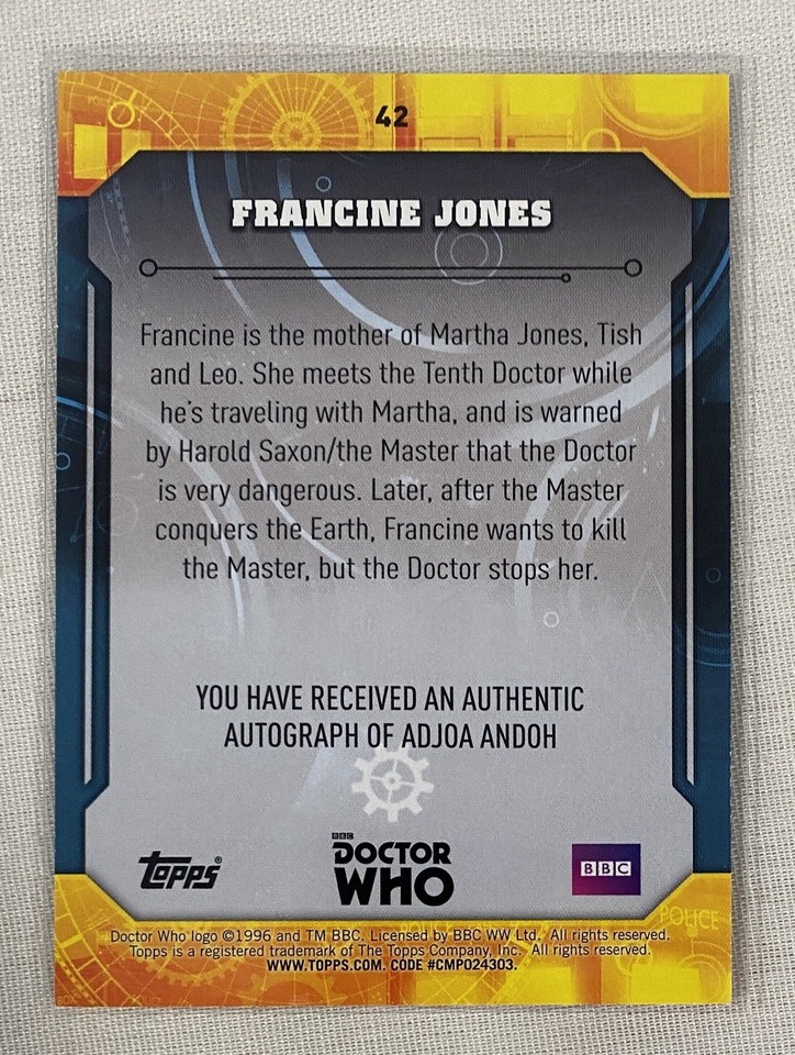 Adjoa Andoh Francine Jones Autograph DOCTOR WHO Signature Series 2017 ...