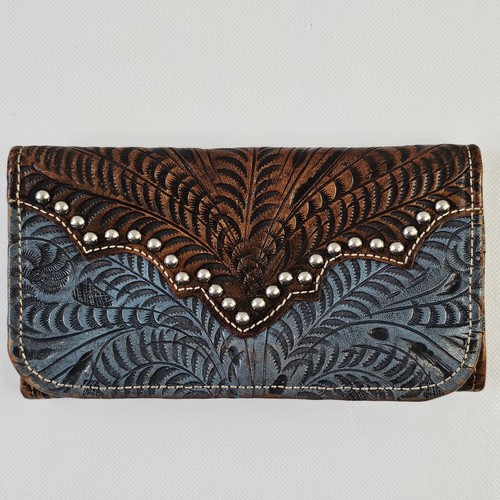 American West Tooled Genuine Leather Checkbook Wallet Western Floral ...