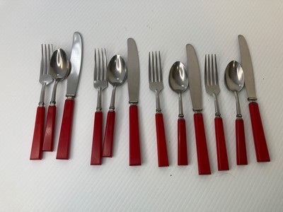 Vintage Art Deco Red Bakelite Silverware Flatware USA Stainless 12pcs ...
