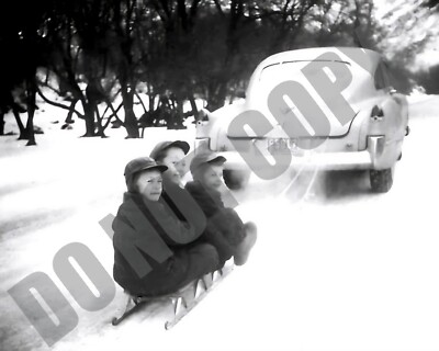Kids Skitching On Car's Bumper In Snow Being Pull Behind Car 8x10 Photo ...