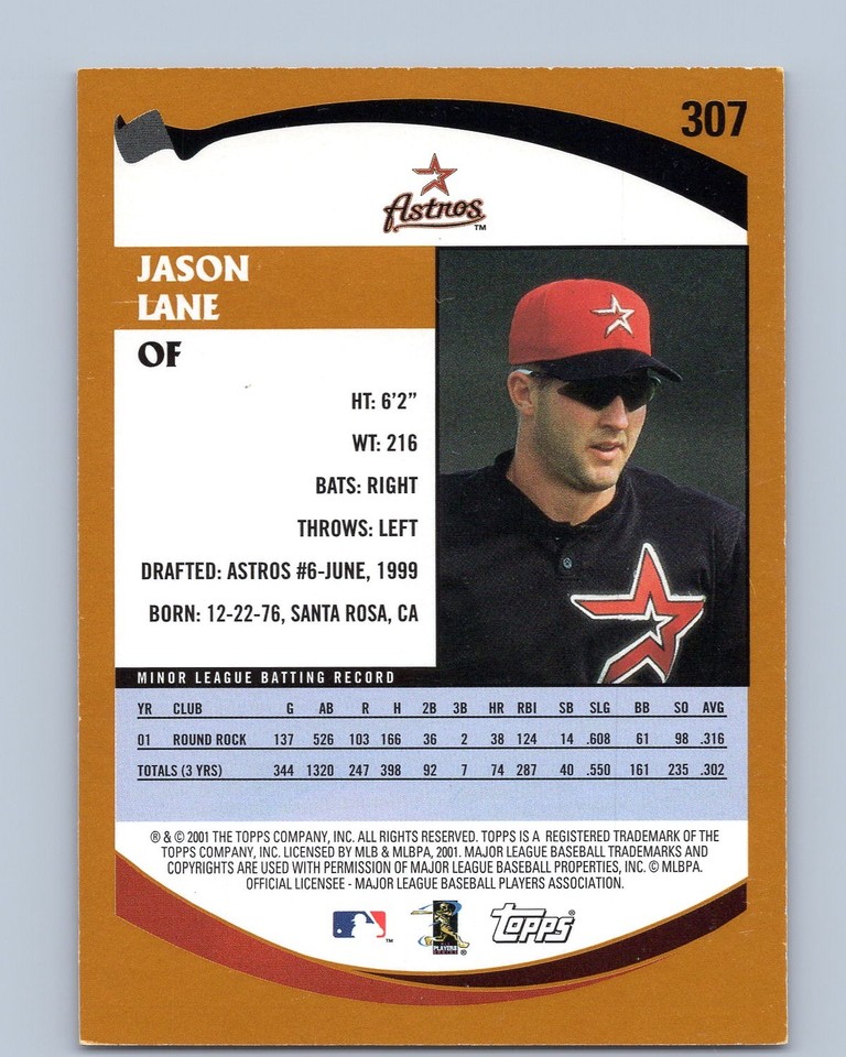 2002 Topps #307 Jason Lane Houston Astros Prospects Baseball Rookie ...