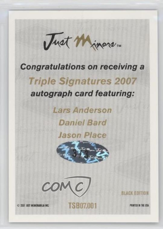 2007 Just Minors Triple Signatures Black 3/3 Lars Anderson Daniel Bard ...