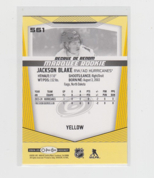 2024/25 OPC Carolina Hurricanes Jackson Blake Yellow Marquee Rookie RC ...