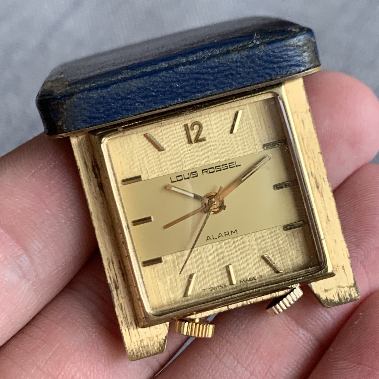 Vintage 60's Louis Rossel Travel Alarm Clock - Gold Tone & Blue Leather ...
