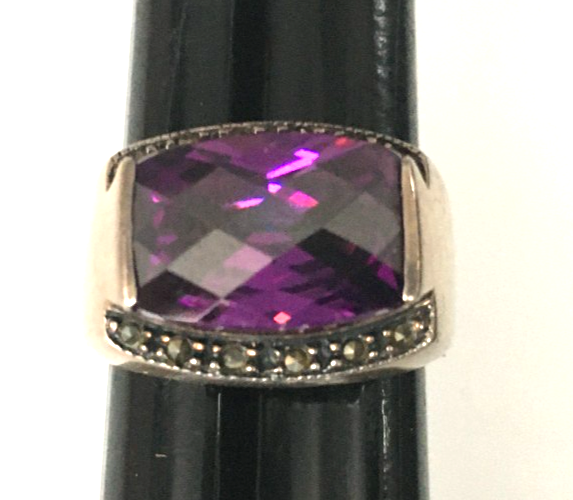 Vtg Ring MARKED CW 925 STERLING SILVER Size 8 Band Purple Marcasite ...