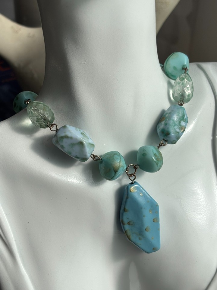 Beautiful Vintage Faux Turquoise Choker Necklace with Gold Paint Accent ...