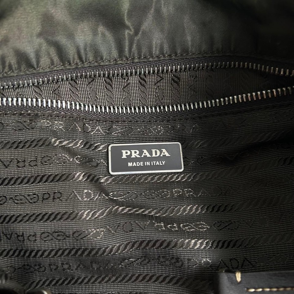 PRADA Tote Shoulder Bag Khaki Green Nylon Leather Triangle Logo A4 USED ...