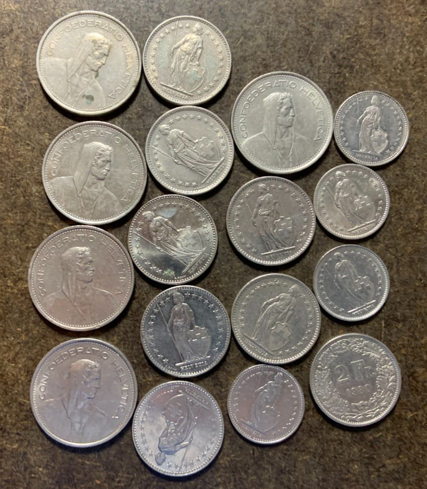 45 Swiss CHF Franc Coins, 17coins, 1968-2001, Helvetica, Switzerland ...