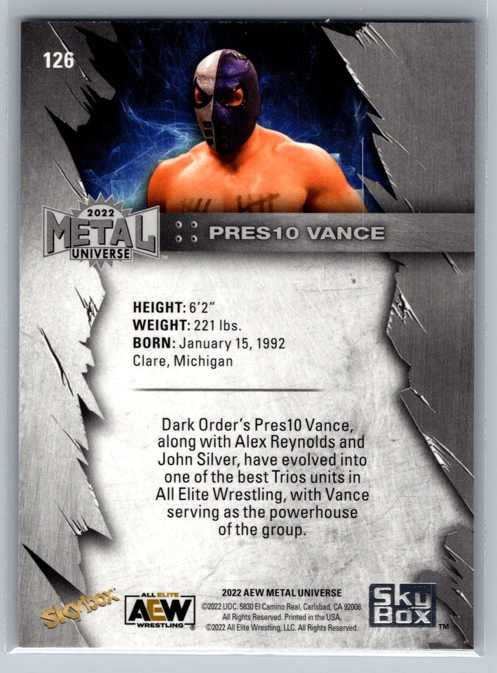 Preston Vance 2022 SkyBox Metal Universe AEW Blue WRESTLING #126 | eBay