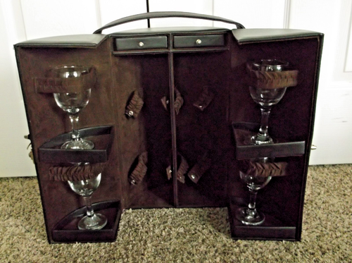 Vtg 70s Faux Brown Leather Travel Wine Bar Case Carrier with 4 Goblets ...