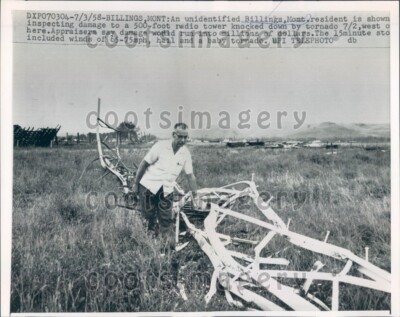1958 Billings Montana Resident Examines Tornado Damaged Radio Tower ...