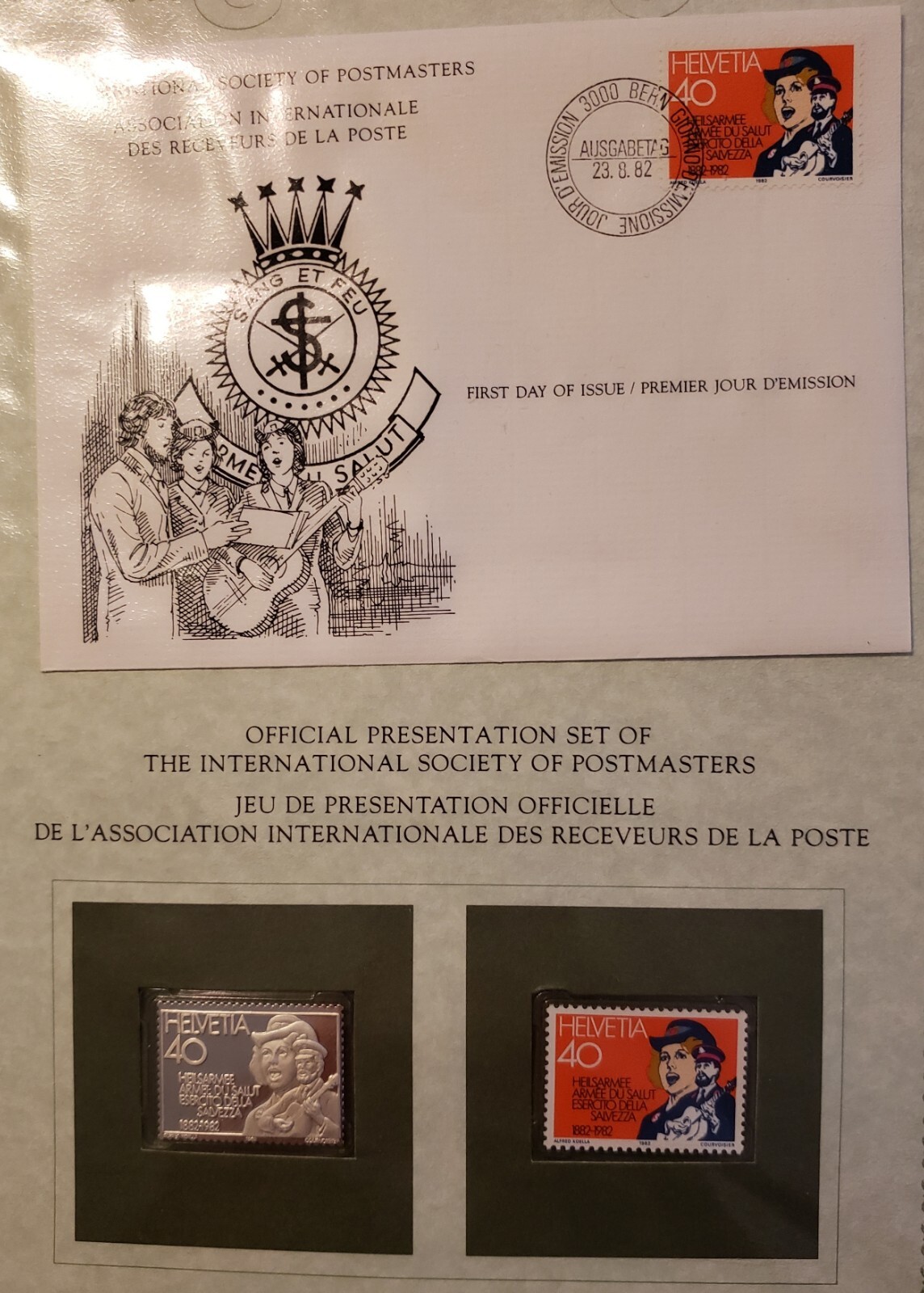 SOCIETY OF POSTMASTERS 1981 PRESENTATION CARD SILVER STAMP, FDC OF ...