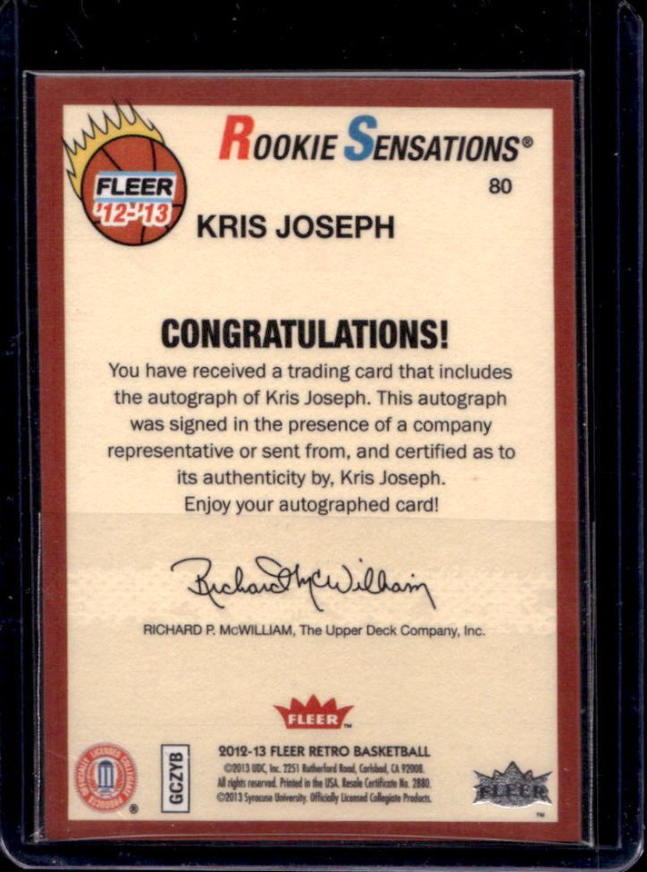 2012-13 Fleer Retro Kris Joseph Rookie Sensations Autograph Auto #80 | eBay