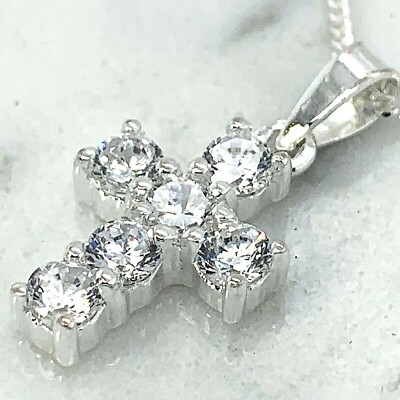 Sterling Silver Lab Diamond Cross Pendant Necklace 18 Chain Religious ...