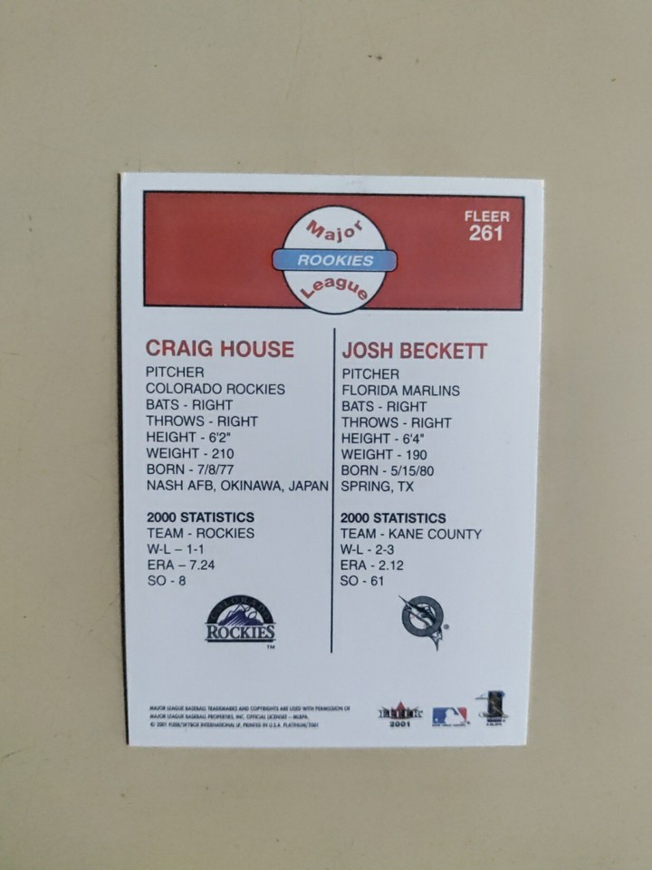2001 Fleer Platinum Josh Beckett Rookie #261 NM 001274 Read Description ...