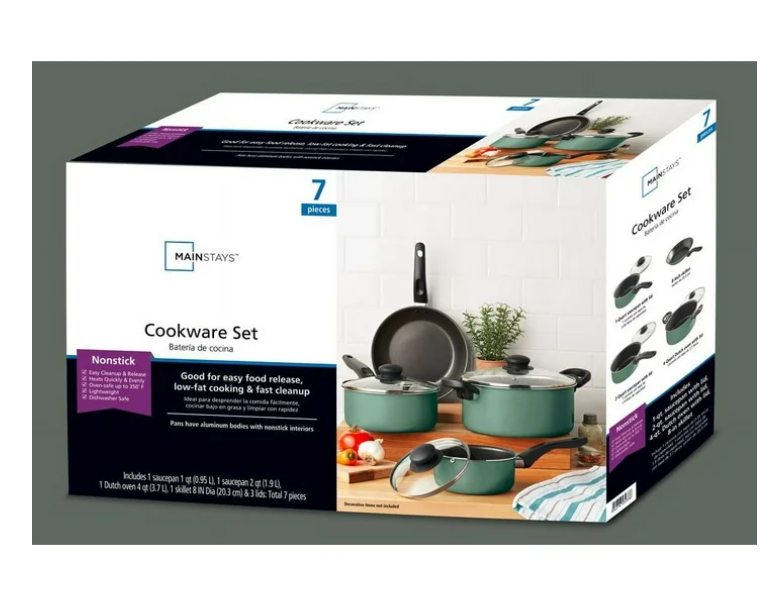 Mainstays 7 Piece Nonstick Aluminum Pots and Pans Cookware Set, Green ...