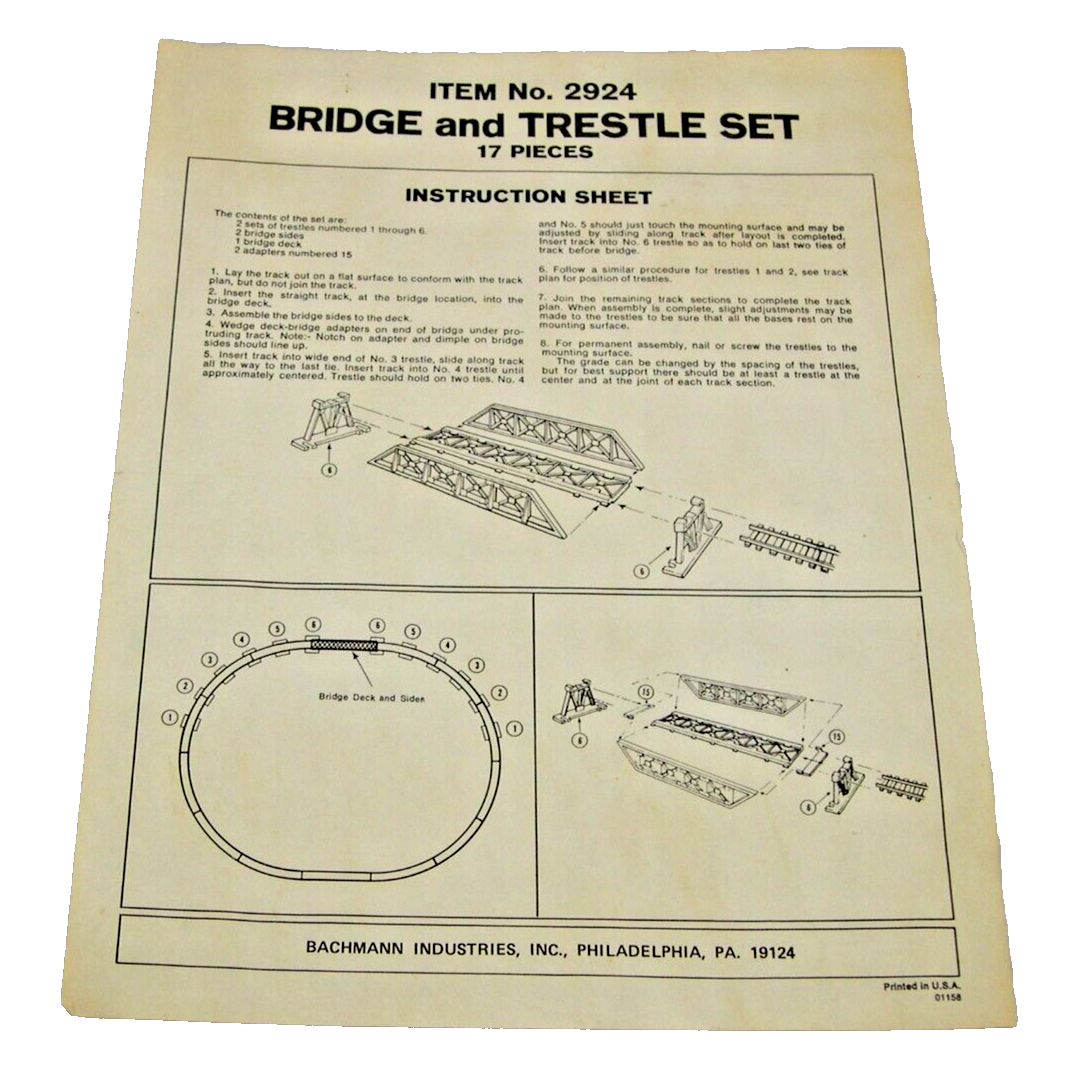 Bachmann #01158 Instruction Sheet for Plasticville #2924 Bridge and ...