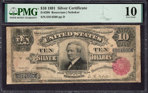 1891 $10 Silver Certificate Tombstone Note PMG 10 Fr.298 Item #1998291 ...