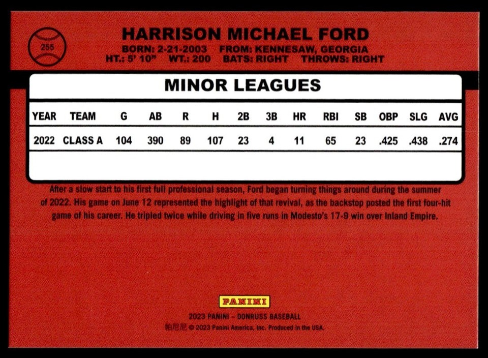 2023 Donruss Season Stat Line Harry Ford 247/400 Seattle Mariners #255 ...