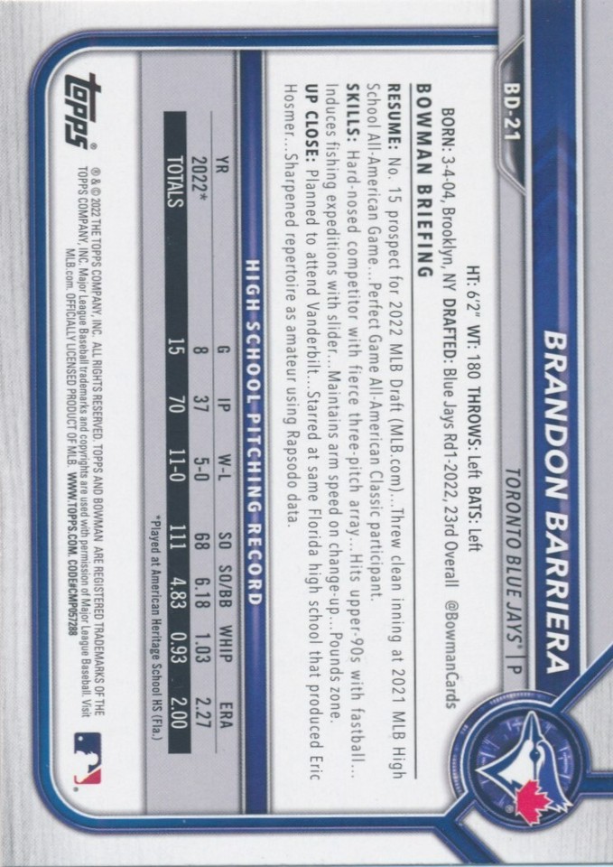 BD-21 BRANDON BARRIERA 2022 Bowman Draft 1st BOWMAN TORONTO BLUE JAYS ...