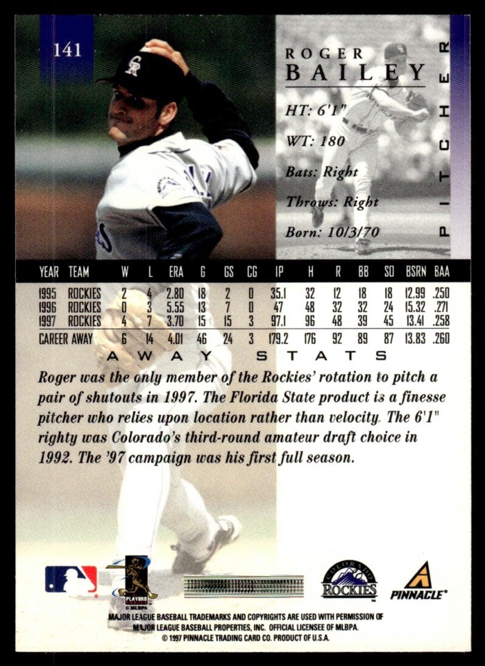 1998 Pinnacle Roger Bailey Colorado Rockies #141 | eBay