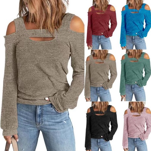 Womens Birthday Gift Long Sleeve Tops T Shirt Blouse Pure Cold Shoulder ...