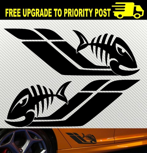Racing stripe SKELETON FISH Fishing CAR 4X4 ute Boat decals PAIR ...
