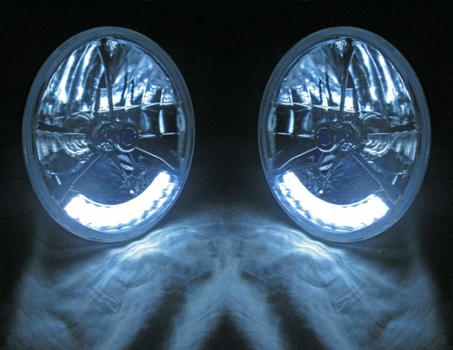 Street Rod 7" Tri Bar Blue Dot H4 Headlights w/ WHITE LED Turn Signals ...