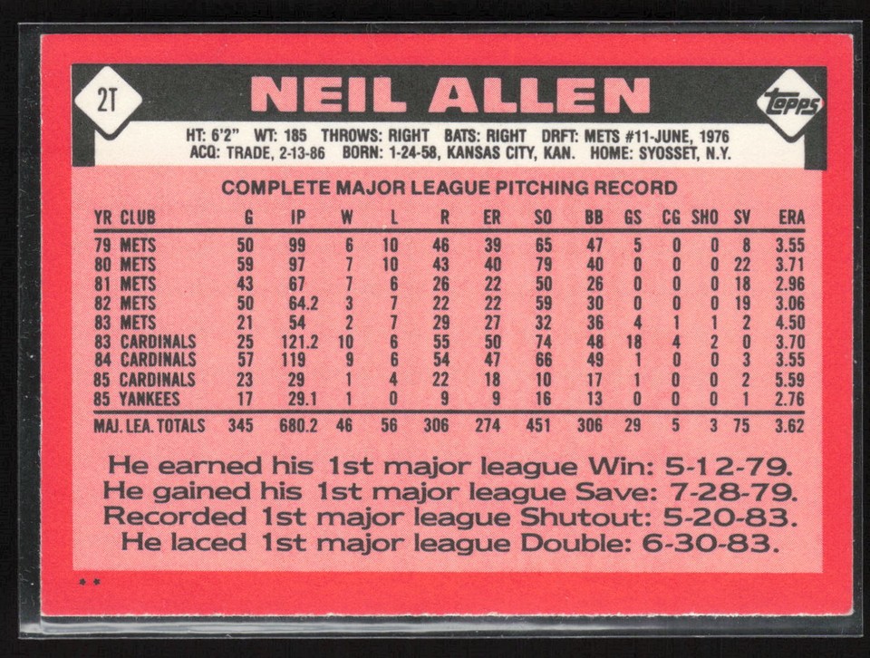 1986 Topps Traded #2T Neil Allen Card | eBay