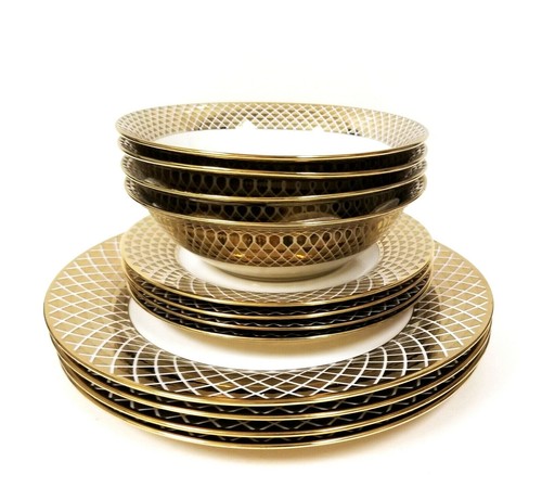 LUXE SET OF 4 PORCELAIN METALLIC GOLD DIAMOND PATTERN DINNER,SALAD ...