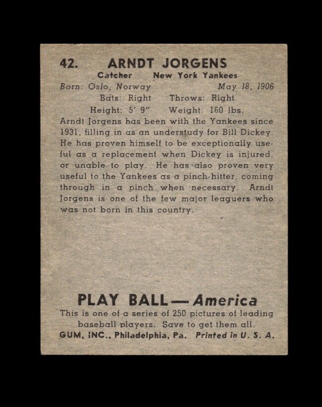 1939 Play Ball Set-Break # 42 Art Jorgens EX-EXMINT *GMCARDS* | eBay