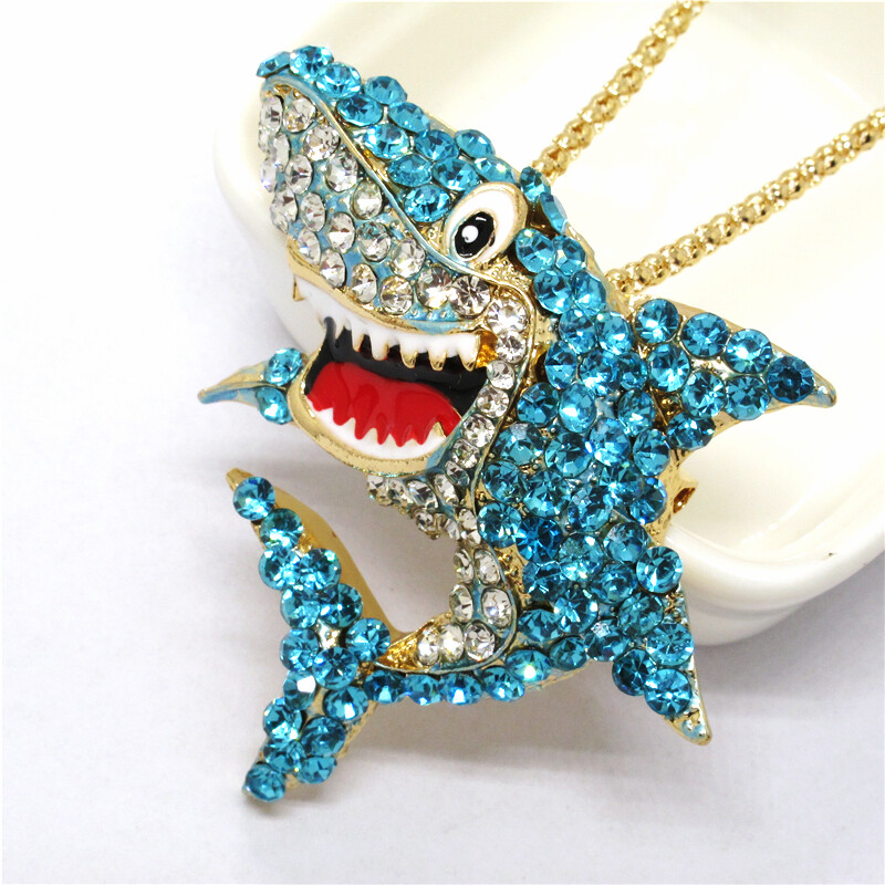 New Fashion Women Blue Cute Shark Bling Rhinestone Pendant Girls ...