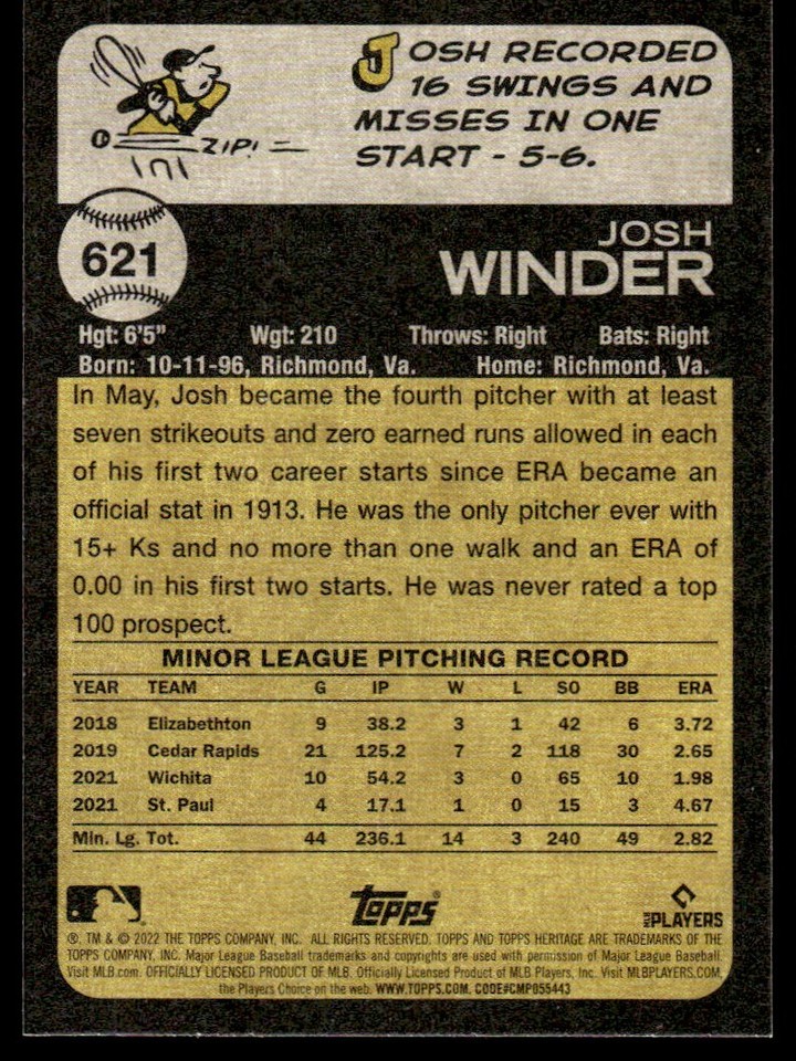 2022 Topps Heritage High Number Josh Winder Rookie Minnesota Twins #621 ...