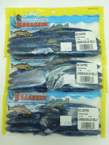 Salt Water Assassin Die Dapper 5" JuneBug/Blue Belly 3 packs of 7 ...