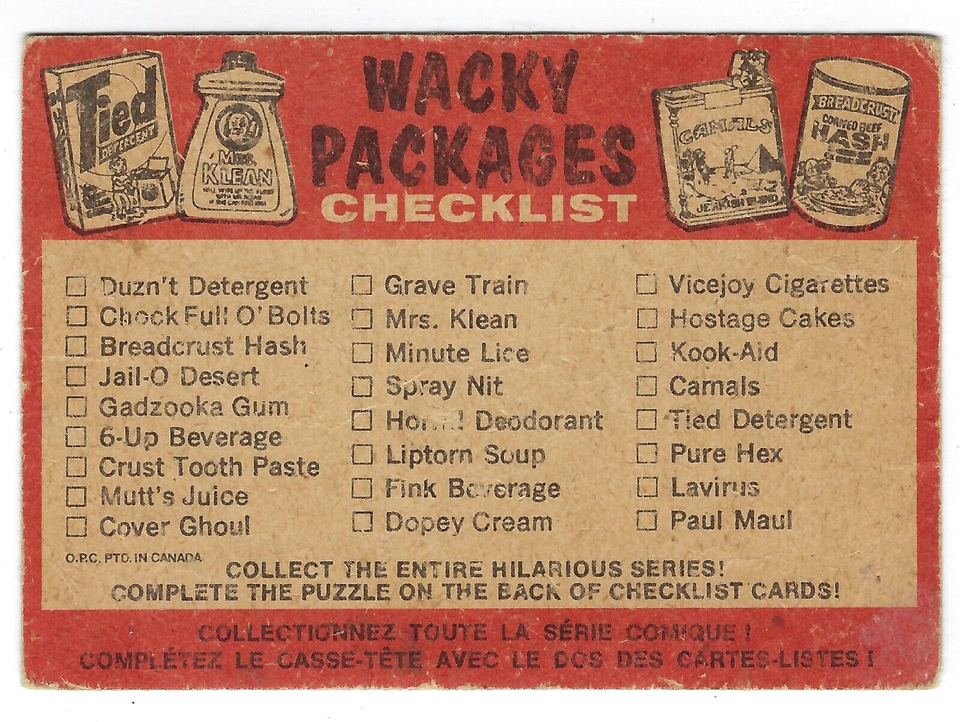 1973 OPC Canada Wacky Packages 1st Series CHECKLIST PUZZLE 1/9 TR light ...