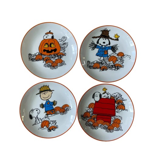 SNOOPY PEANUTS & GANG FALL HARVEST CERAMIC APPETIZER PLATES SET OF 4 ...