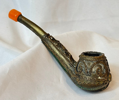 Vtg Smoking Pipe Middle Eastern Filigree Metal Tobacco Bakelite Stem ...