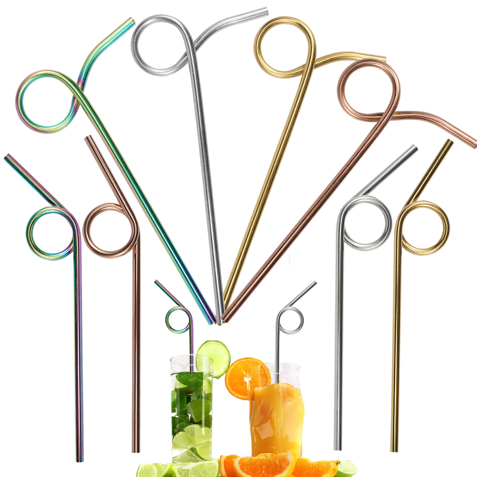 8Pcs Curved Straws 304 Stainless Steel Shatter Resistant Reusable Metal ...