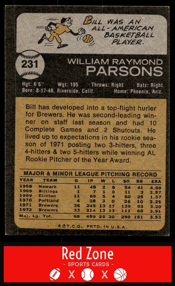 1973 Topps - #231 Bill Parsons EX+ | eBay