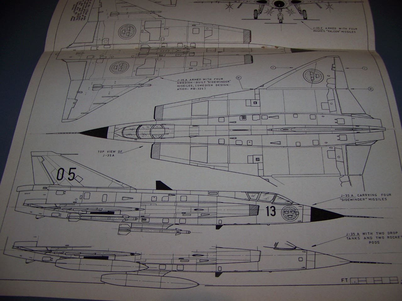 VINTAGE..SAAB J35 DRAKEN HISTORY..5-VIEWS/DETAILS/CROSS SECTIONS.RARE ...