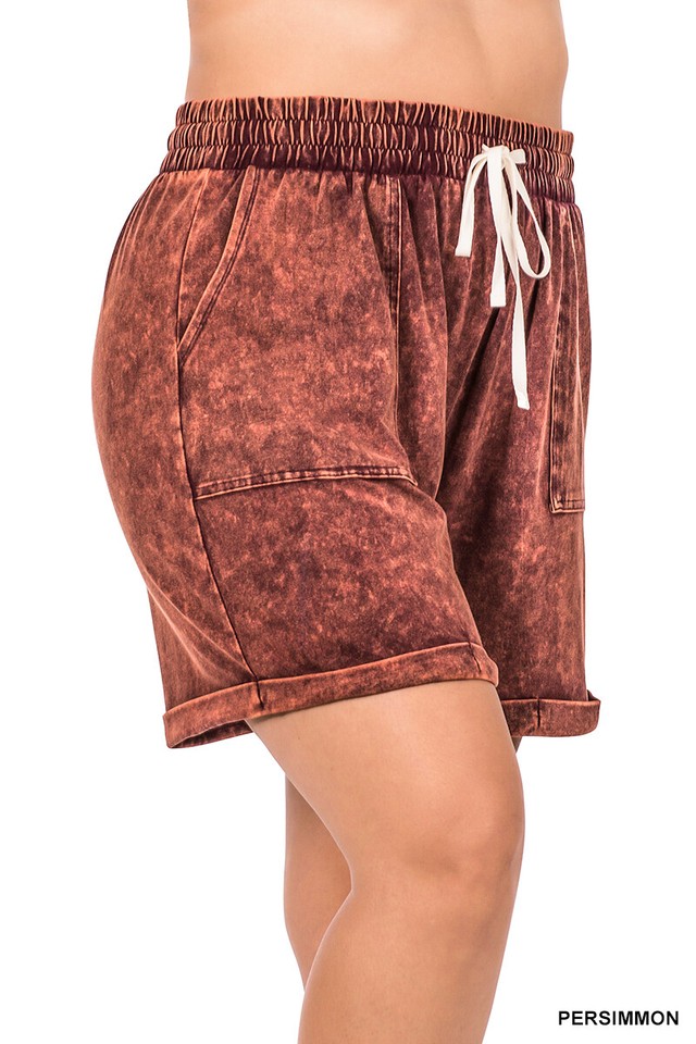 1X 2X 3X Women's Mineral Wash Drawstring Elastic Waist Cuffed Shorts w ...