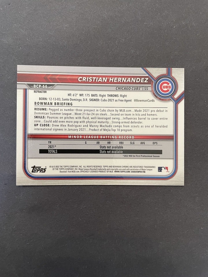 2022 Bowman Chrome CRISTIAN HERNANDEZ Refractor /499 #BCP-66 Cubs RC ...