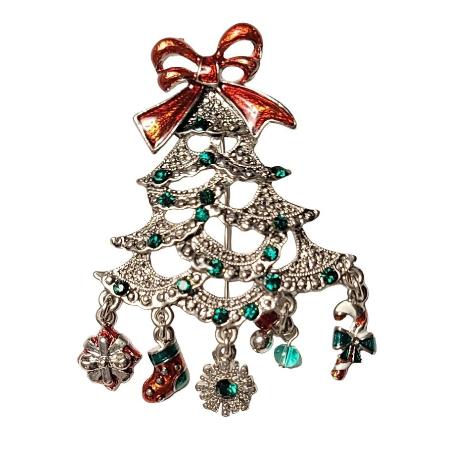 Kenneth Cole Silver Tone Charm Dangle Christmas Tree Brooch Signed ...