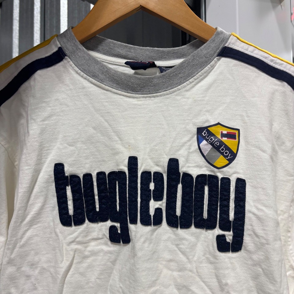 Bugle Boy White T Shirt Athletic Stripe Sleeve Logo Graphic Tee XL ...