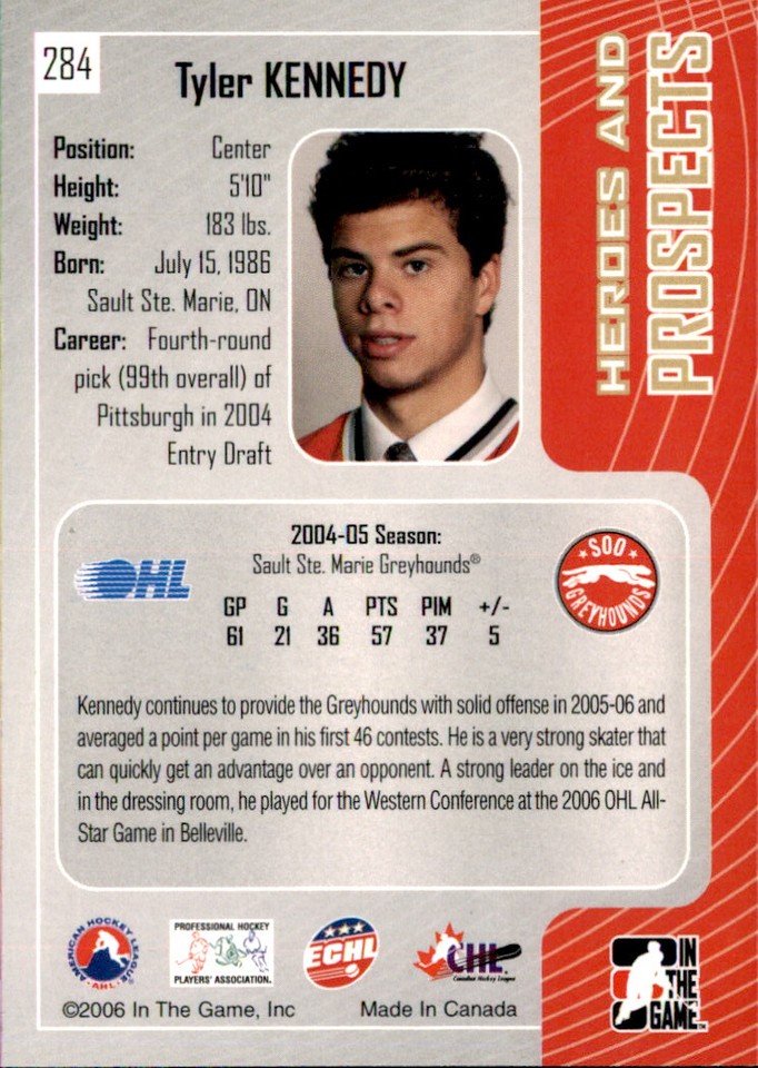 Tyler Kennedy Signed Auto 05/06 Heroes & Prospects card Soo Greyhounds ...