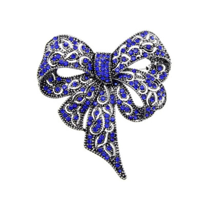 VINTAGE INSPIRED ANTIQUE SILVER STATEMENT BLUE RHINESTONE BOW BROOCH | eBay
