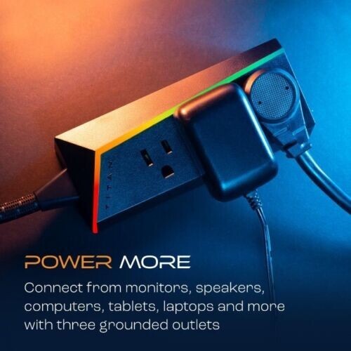 Titan 3-Outlet Gaming Surge Protector, 4ft Extension Cord, LED Light ...