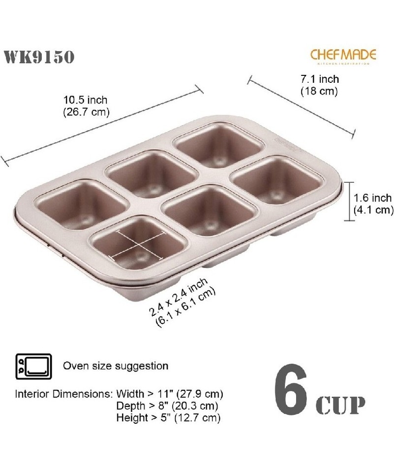 Brownie Cake Pan, 6-Cavity Non-Stick Square Muffin Pan Blondie Bakeware ...